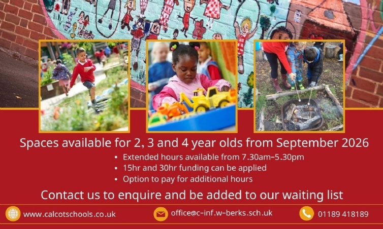 Calcot Schools - Nursery Spaces for 2,3 and 4 year olds